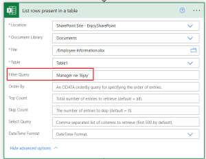 Power Automate list rows present in a table filter query - EnjoySharePoint