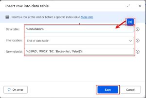 Insert Row into Data Table in Power Automate Desktop